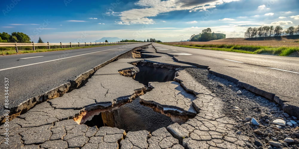 Damaged asphalt highway with deep hole and extensive cracks ...