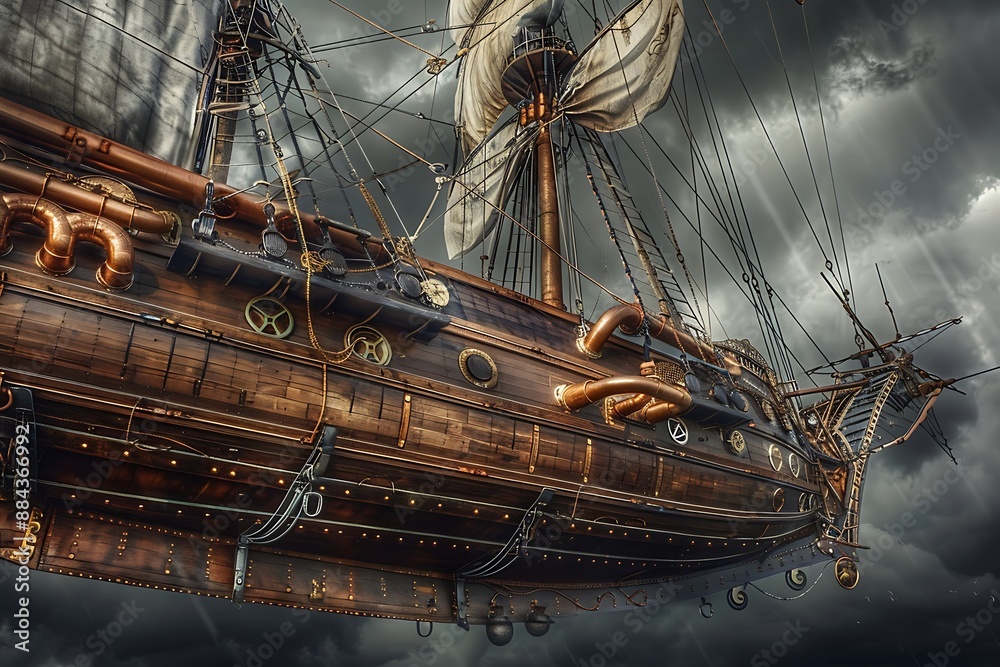Foto de A steampunk-inspired airship docked in a stormy sky, with ...