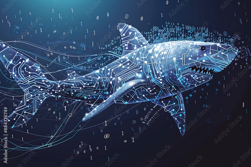 A stylized, angular shark made of circuitry and wires, breaching ...