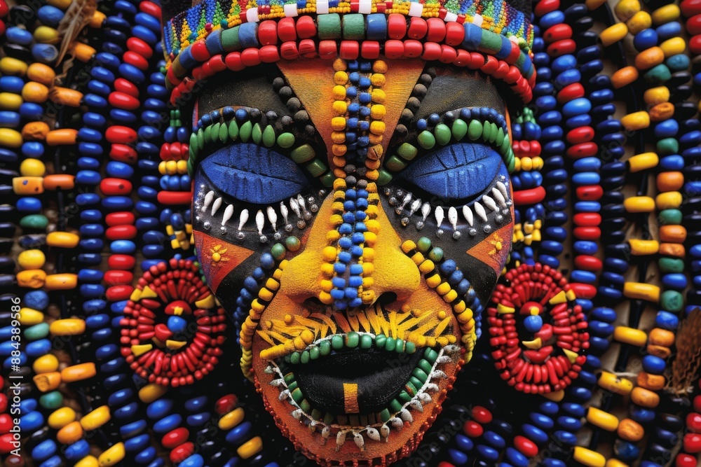 Colorful traditional masks and beads arranged in a festive pattern ...