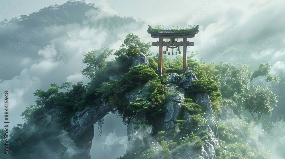 japanese style shrine on top of a misty mountain overgrown Stock ...