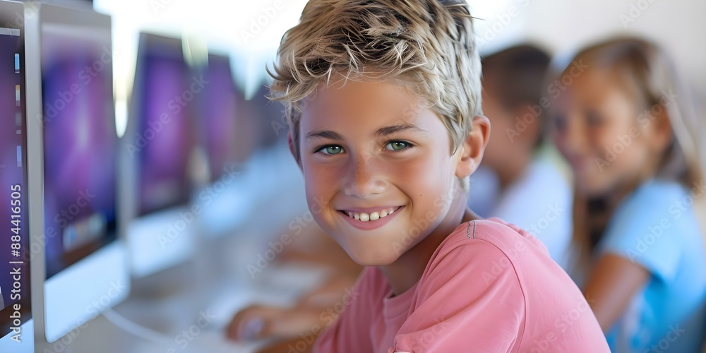Excited students engaged in computer activities at a school computer ...