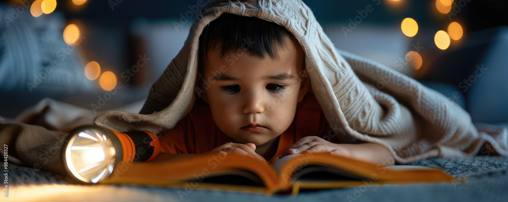 Child reading under blanket with flashlight in dark room, literacy day ...