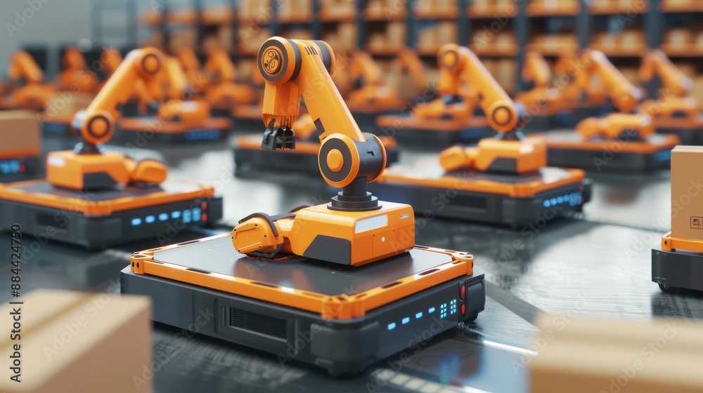 Warehouse robots sorting packages in a logistics facility. Stock ...