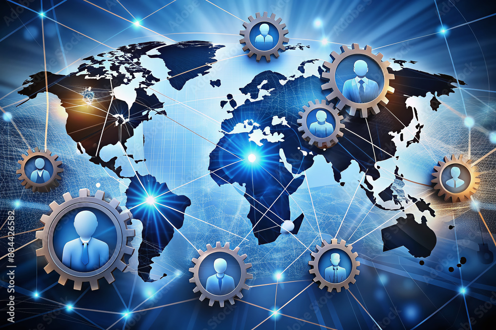 Global business network diagram showing interconnected gears, spheres ...