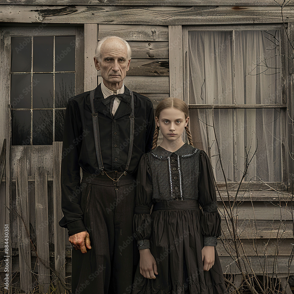 Iconic American Gothic farmers, father and daugther in modest rural ...