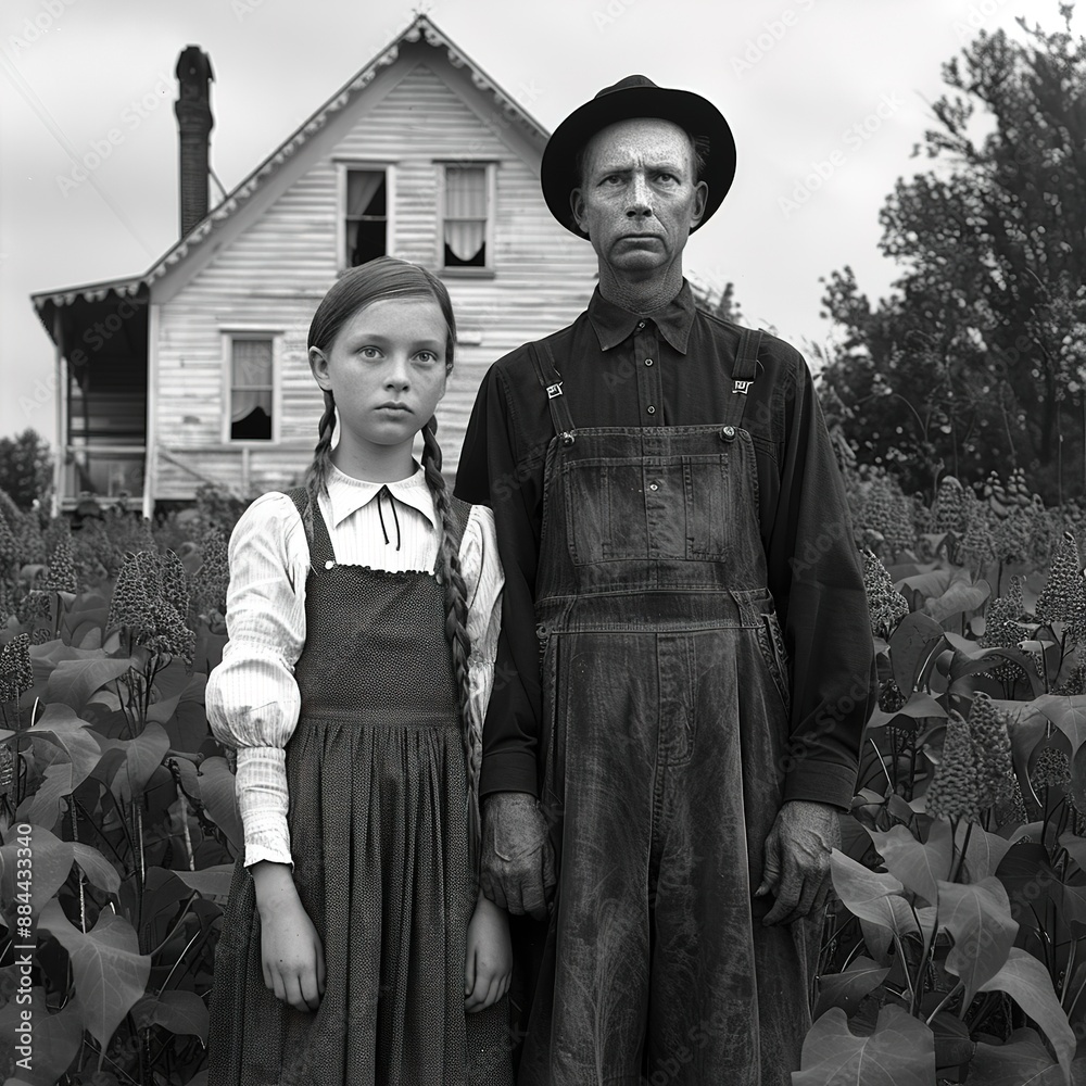 Iconic American Gothic farmers, father and daugther in modest rural ...