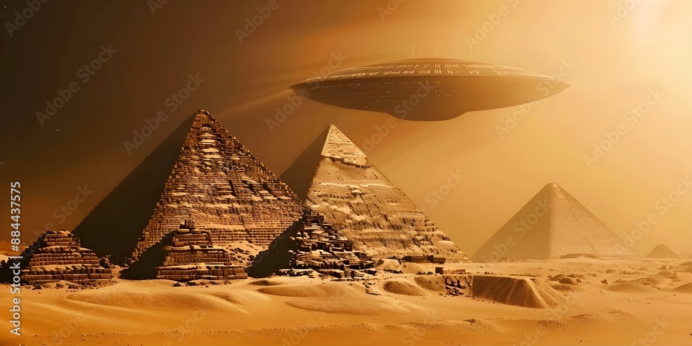 Egyptian pyramids with a hovering UFO casting a shadow hinting at ancient aliens. Concept ...
