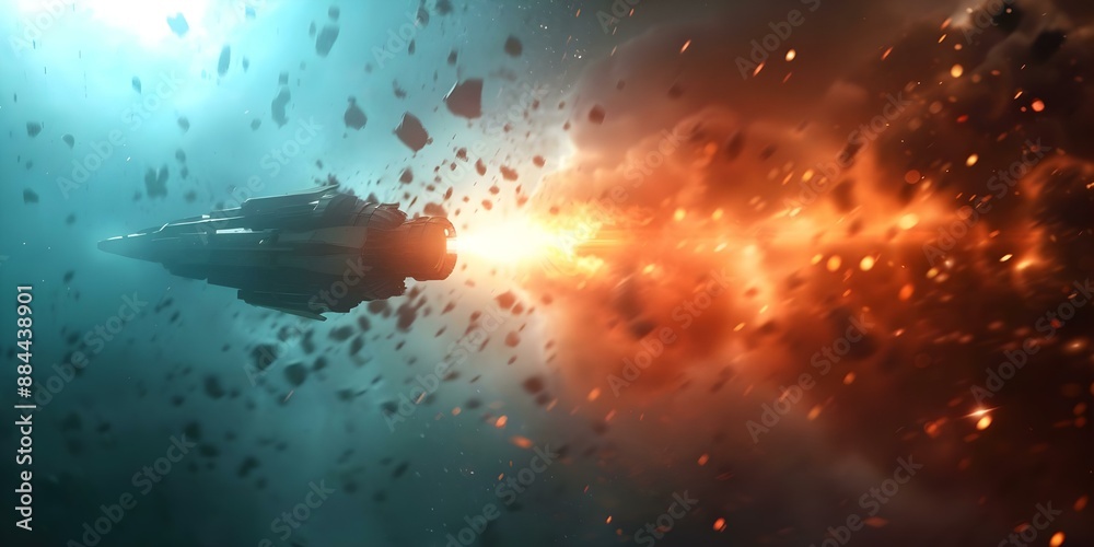 Intense scifi battle as soldier crashes spaceship amid fiery chaos ...