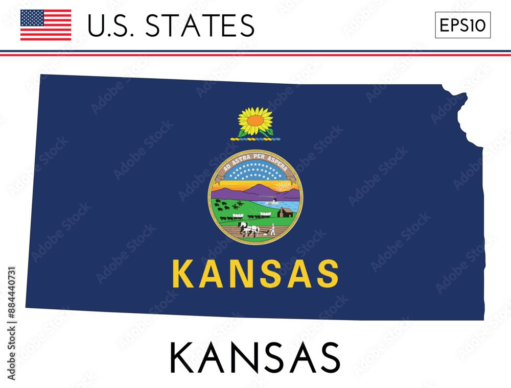 Kansas USA state map shape with flag. Map of Kansas in the Kansas flag ...