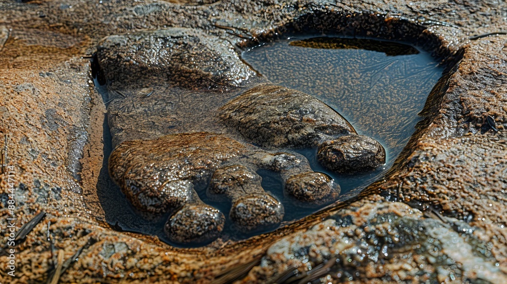 A detailed image of a large footprint fossil embedded in rock ...
