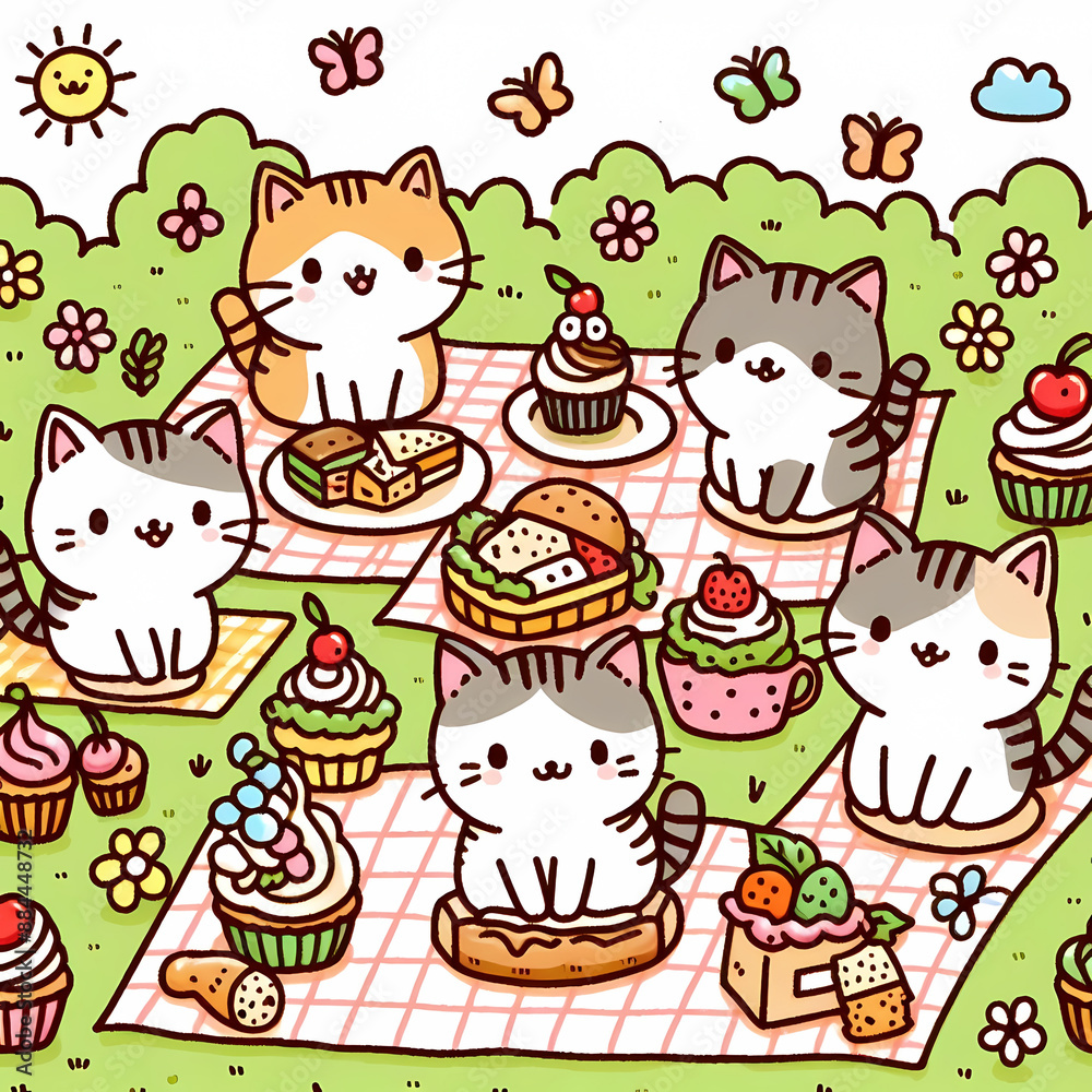Doodle art cartoon of cats having a picnic in a park Stock Illustration ...