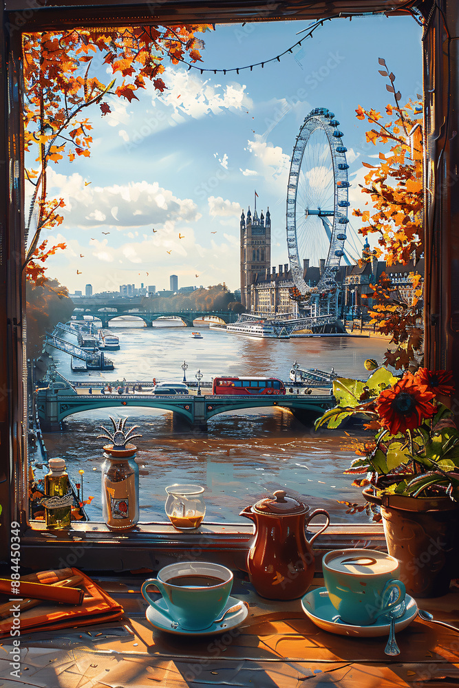 A picturesque morning view from a window overlooking London's iconic ...