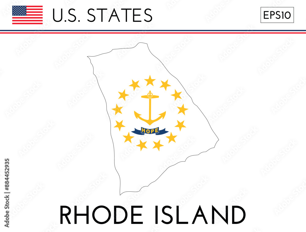 Rhode Island USA state map shape with flag. Map of Rhode Island in the ...