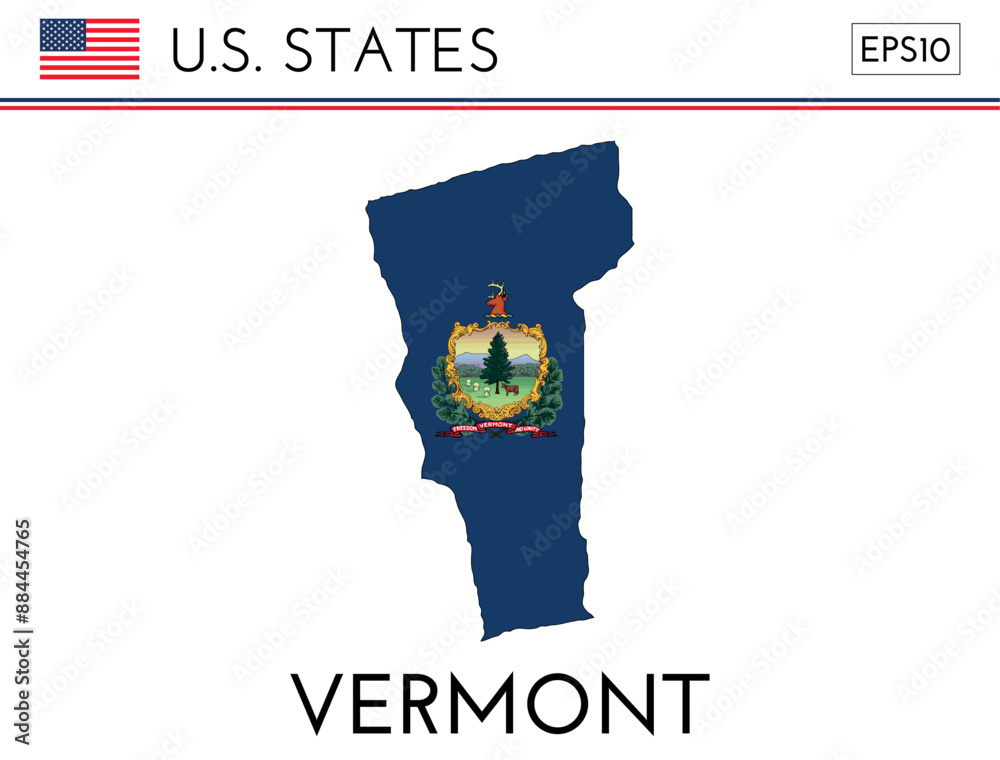 Vermont USA state map shape with flag. Map of Vermont in the Vermont flag colors. Outline map ...