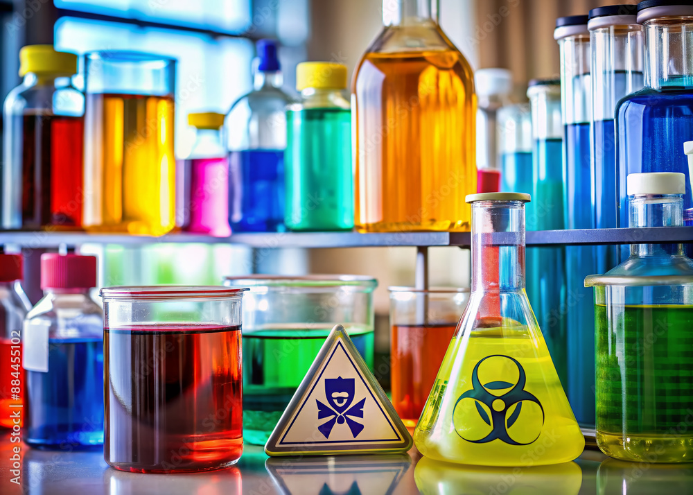 Colorful hazardous substances in various containers, some sporting the ...
