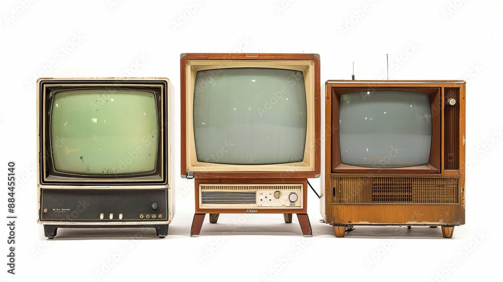 Three classic era CRT televisions, each with distinct wooden frames ...