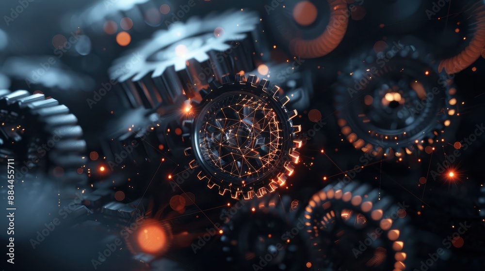Abstract 3D gears on dark background. Concept of gear mechanics and cog ...