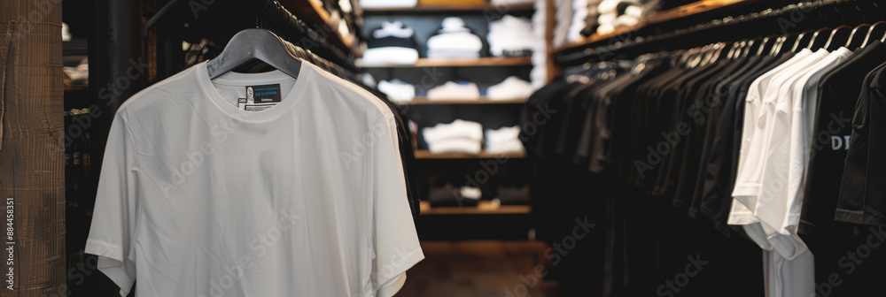 inside a clothing shop with new blank white and black shirts on the ...