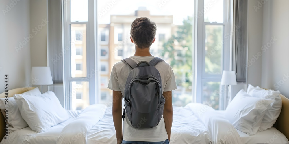 College student settling into dorm room on campus for first time ...