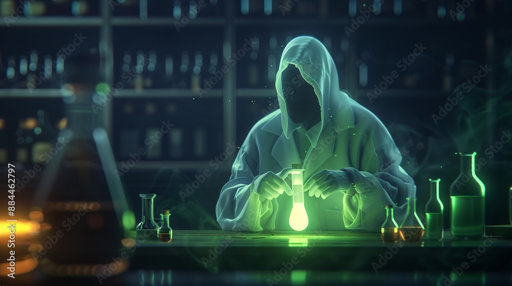 A ghostly wraith in a scientists lab coat, conducting eerie experiments ...