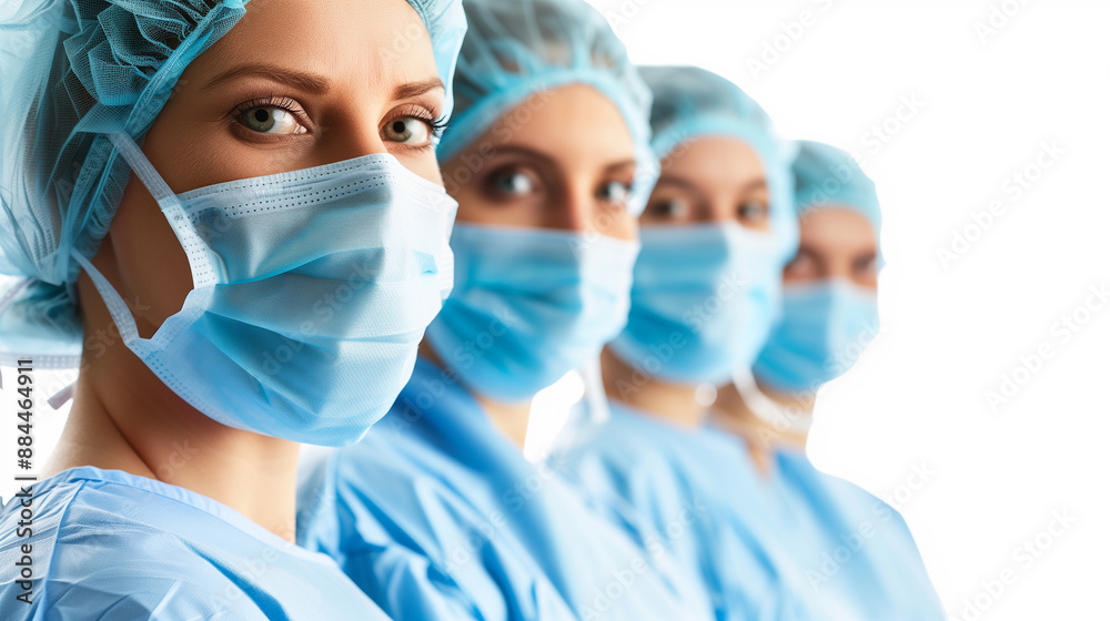 Team of confident surgeons wearing masks and surgical gowns, ready for ...