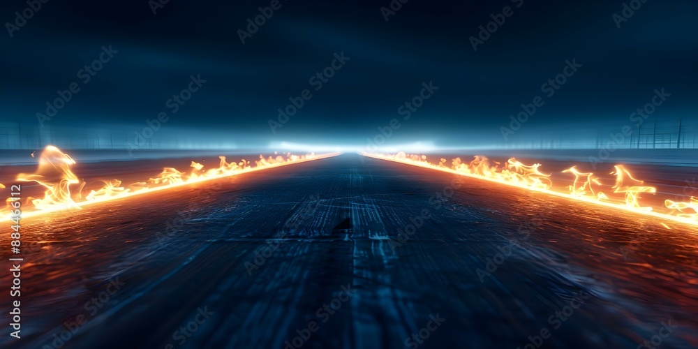 Illuminated dark road by burning car tires on racetrack. Concept Car ...