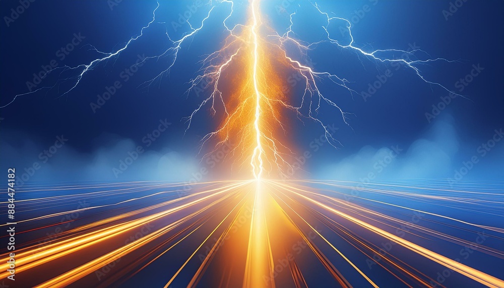 Powerful lightning bolt striking down from the sky, with colorful light ...