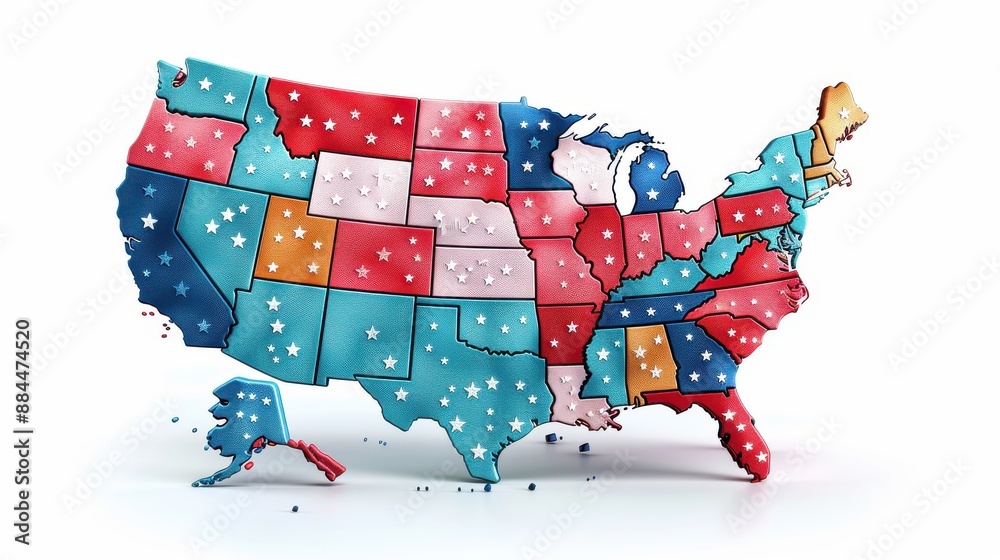A detailed illustration of an election map with states color-coded, key ...