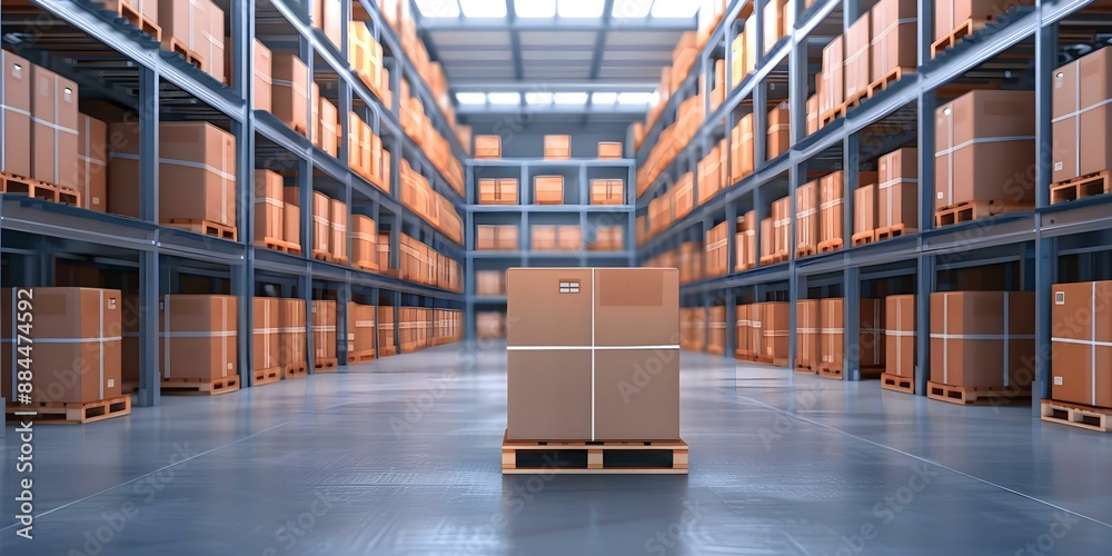 Modern cartoon warehouse with visible inventory on metal racks and ...