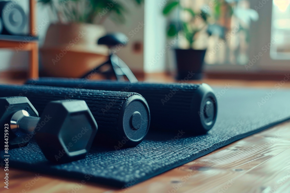 Black foam rollers and hexagonal dumbbells on an exercise mat at room ...