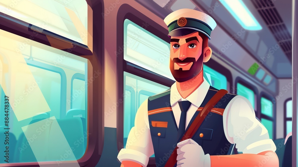 An animated character of a ticket inspector in a modern train holds ...