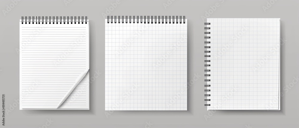 Set of White Lined and Checkered Paper Sheets on Gray Background. Blank ...