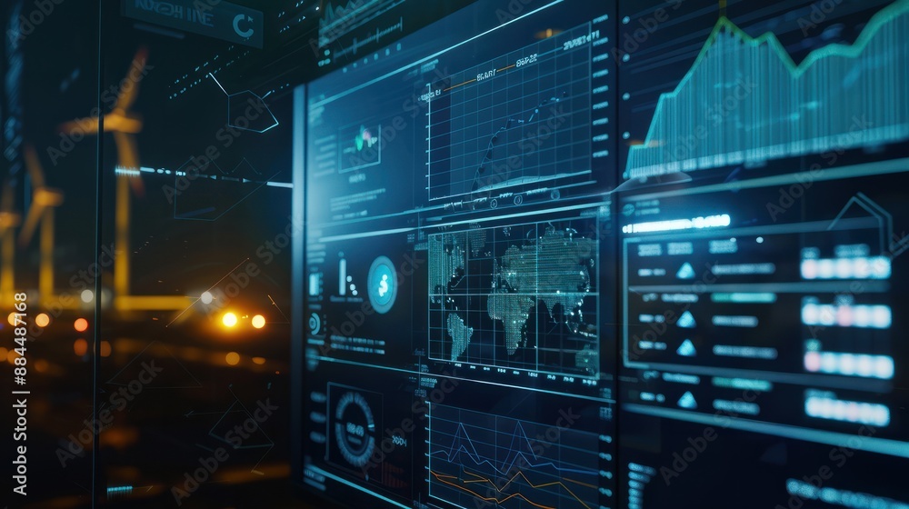 Renewable energy data analysis on digital monitor at solar and wind ...