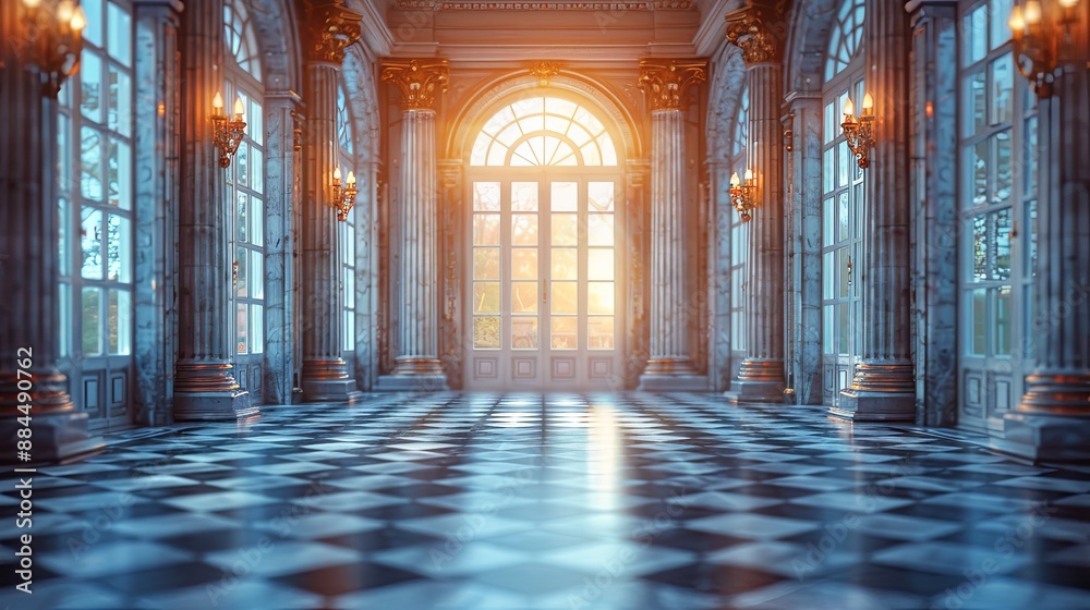 Sunlight streams through tall arched windows into a grand hall with ...