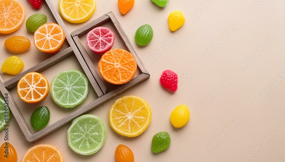 Tutti frutti candies in different colors and flavors. pastel background ...