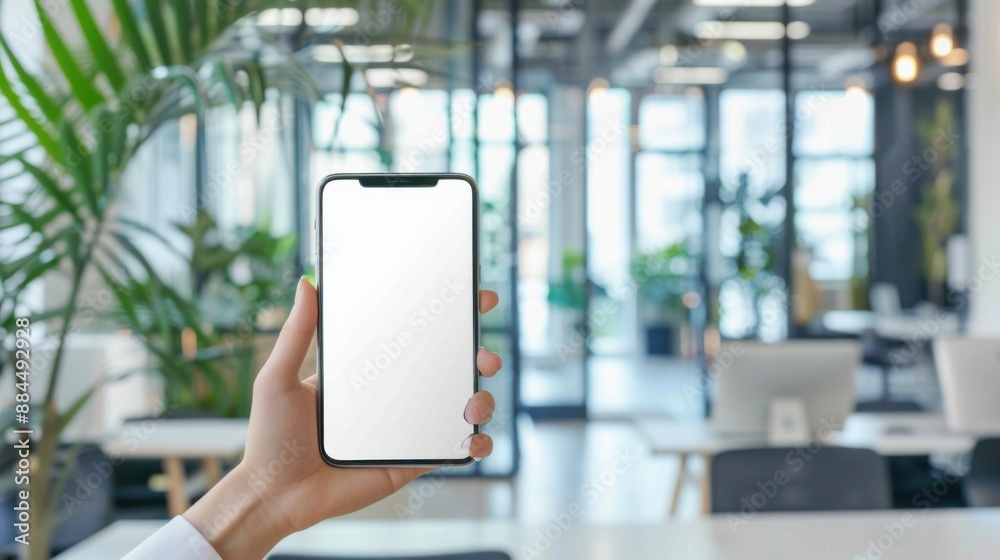 Modern Office, Blank Screen: A hand holds up a smartphone with a clean ...