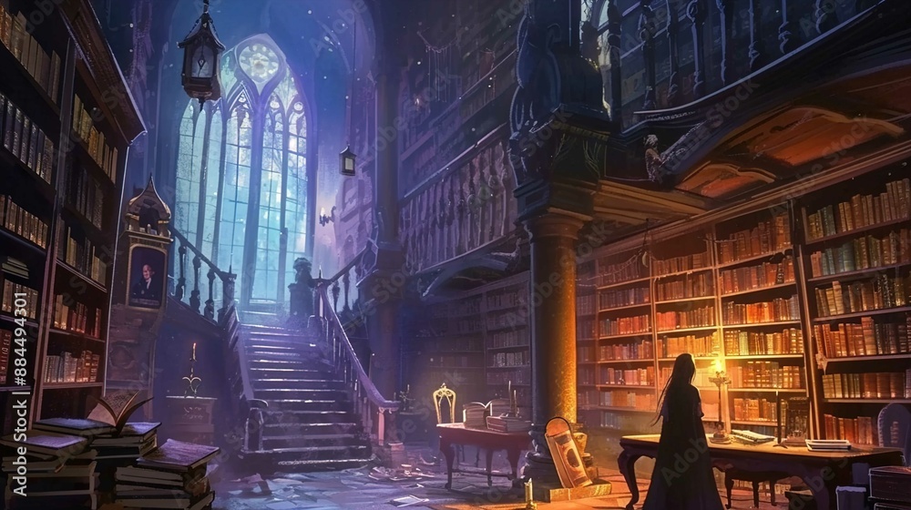 An elaborate, dimly lit library with towering bookshelves filled with ...