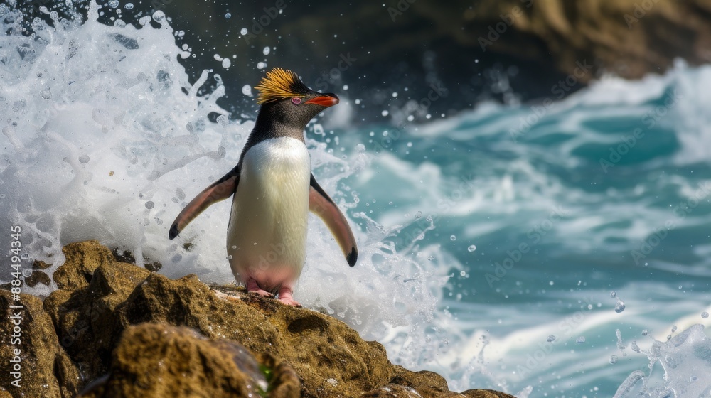 Southern rockhopper penguin hopping across rugged coastal rocks Stock ...