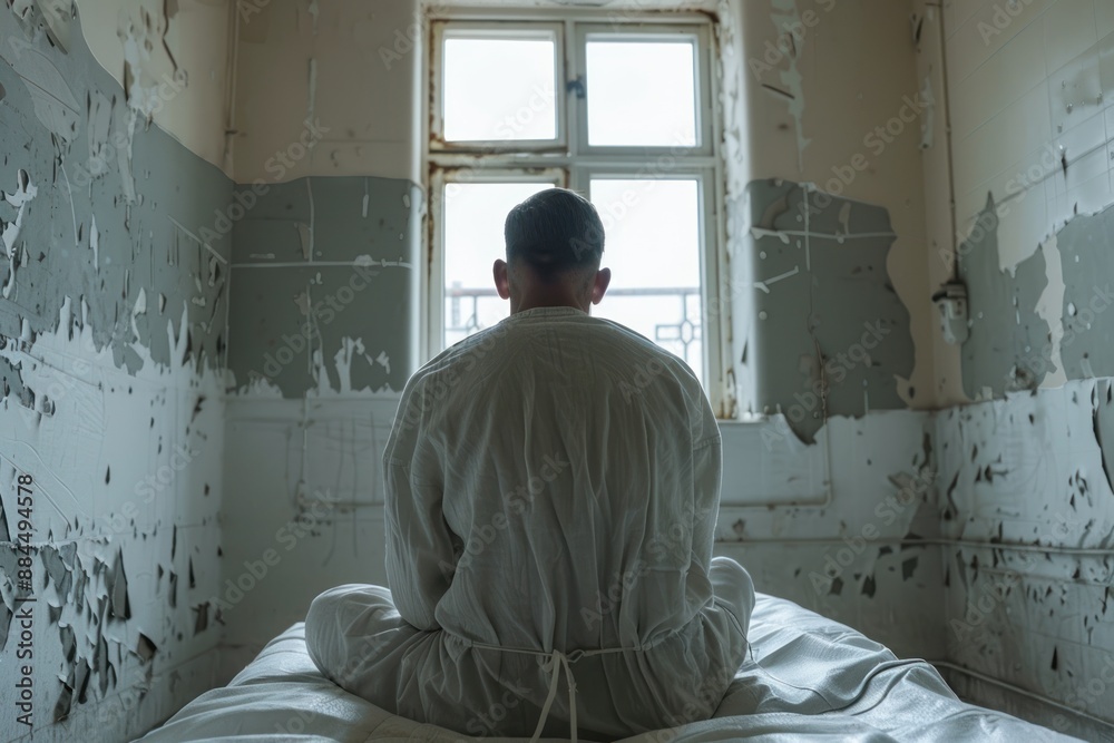 insane patient person on bed looking on wall in straitjacket in ...