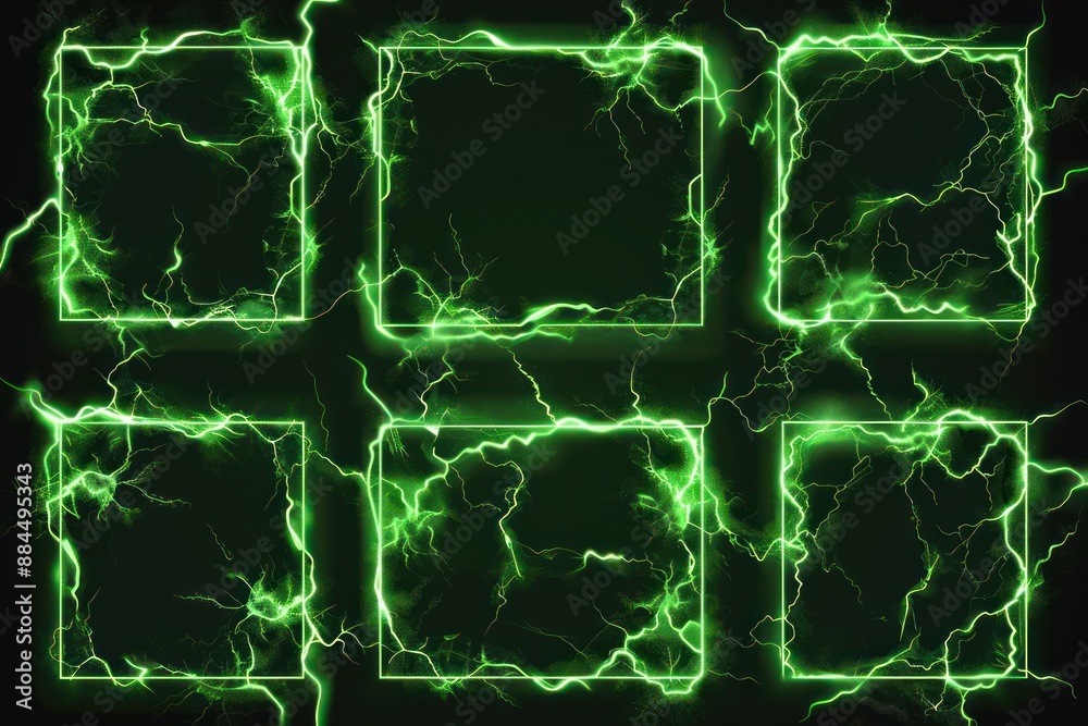 Lightning frames, green electric borders of rectangular and square ...