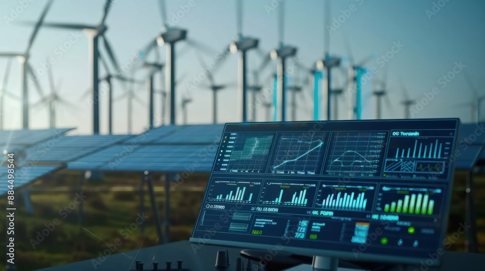 Renewable energy data analysis on digital monitor at solar and wind ...