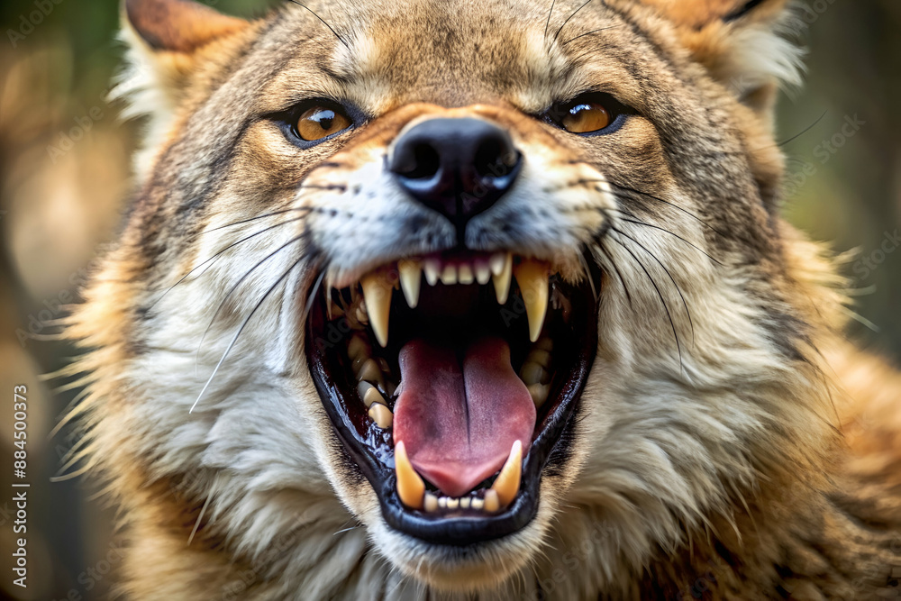 A wild animal with its mouth wide open and teeth bared. The animal ...