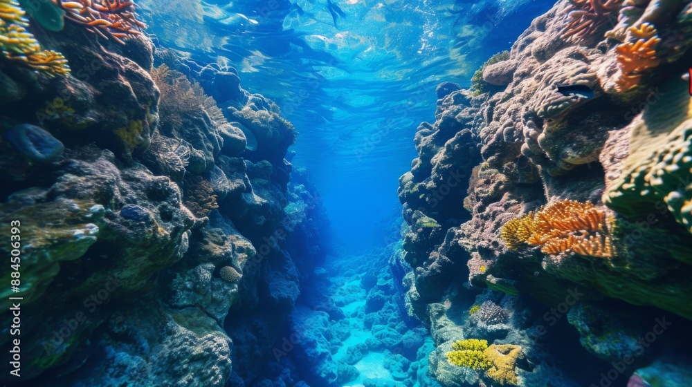Narrow channel between coral reefs, with clear blue water, vibrant ...