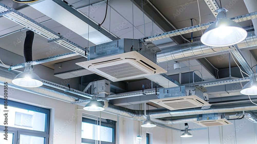 Detailed illustration of ceilingmounted cassettetype air conditioning ...