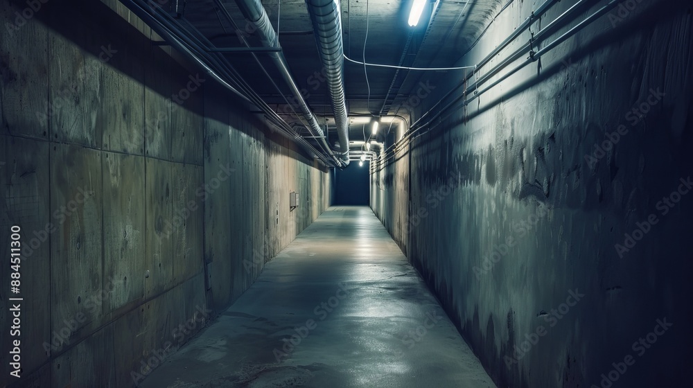 Empty underground corridor featuring a drainage system and metal ...