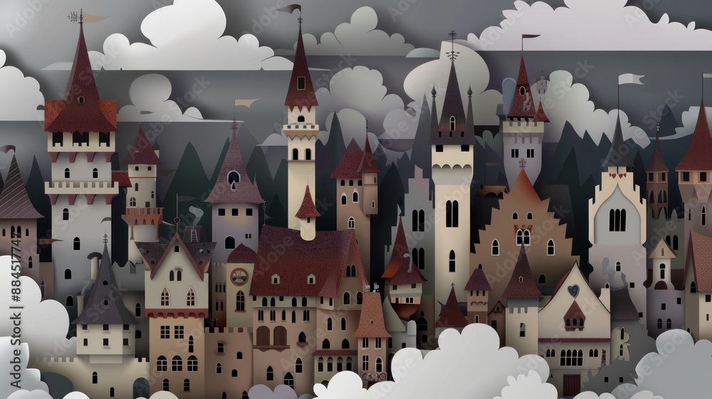 Papercraft vector-style image of art style medieval town and castle ...