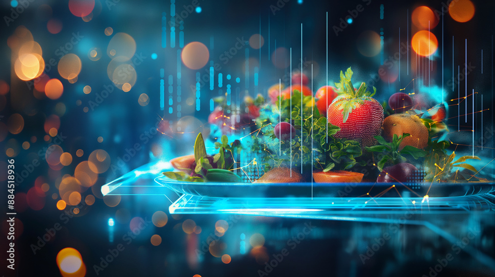 Blue hologram of a food delivery service with glowing data streams ...