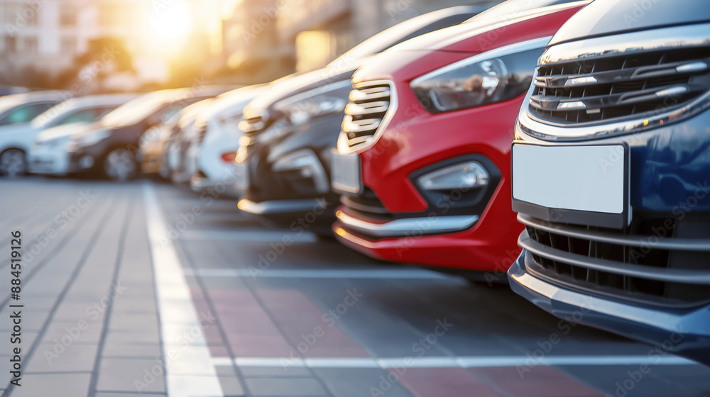 A row of shiny, pre-owned cars lined up in an organized outdoor parking ...