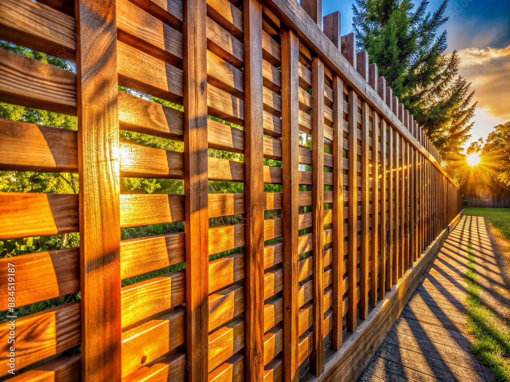 Warm sunlight casts intricate shadows on a modern wooden fence's ...
